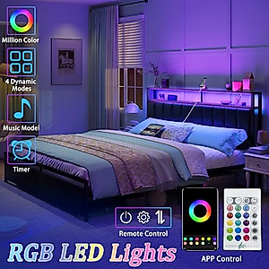 amerlife LED Bed Frame with Drawers, Full Platform Bed Frame with 2-Tier Storage & Leather Upholstered & Charging Station Headboard, No Box Spring Needed, Noise Free, Easy Assembly, Black