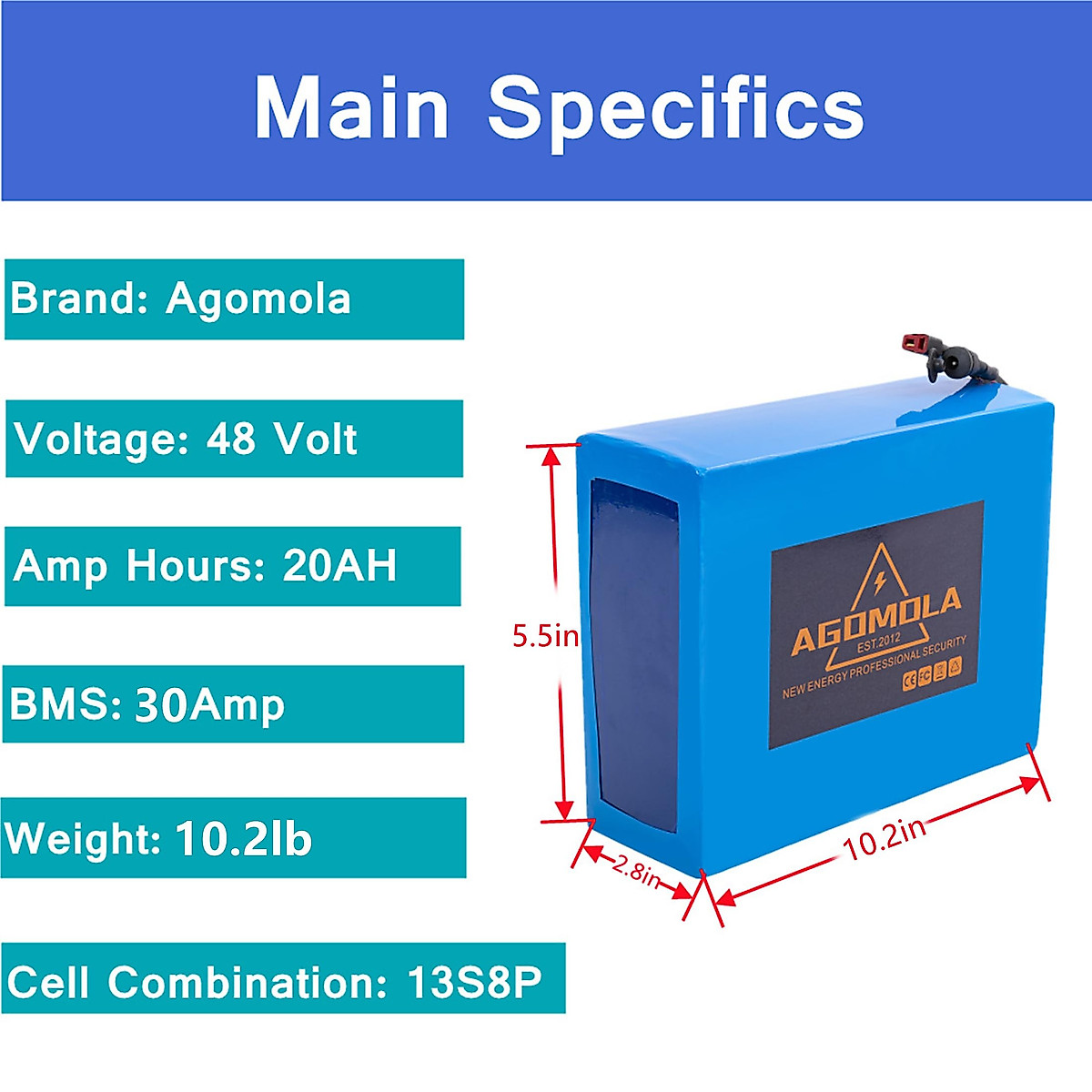 agomola 48V Battery 20Ah 48 Volt Lithium ebike Battery for 100W to 1000W Electric Bicycle Bikes Motor with Charger BMS