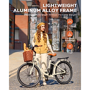 Viribus Electric Bike for Adults, 700W Peak E Bikes for Women with Aluminum Frame, Basket, Rack & 36V 13AH Battery, 7 Speed City Commuter Step Through Electric Bicycle for Ladies Seniors 26 inch Beige