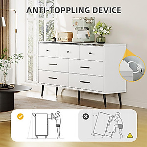 DWVO White 7 Drawer Dresser, Wood Storage Dressers & Chests of Drawers with Black Metal Handle ＆ Anti-Tipping Device, Modern Double Dresser Storage Cabinet Living Room Hallway, Entryway