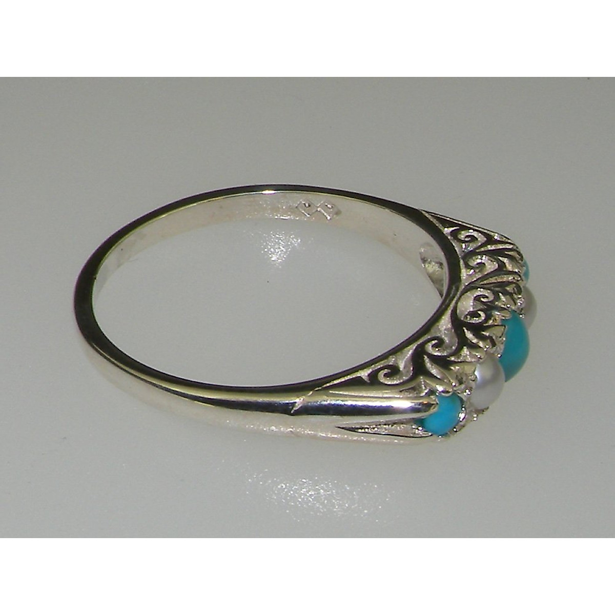925 Sterling Silver Natural Turquoise and Cultured Pearl Womens Band Ring - Size 7.75