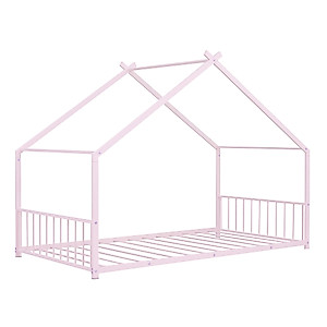 KTATK Metal Twin Size House Bed with Roof and Slats Support,Playhouse Design Montessori Floor Bed Frame W/Headboard & Footboard,No Box Spring Needed,for Kids Girls Boys,Pink