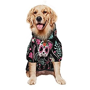 Large Dog Hoodie Day-of-The-Dead-Cat-Halloween Pet Clothes Sweater with Hat Soft Cat Outfit Coat X-Large