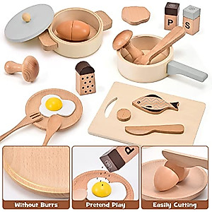 Atoylink Play Kitchen Accessories Wooden Toys Pots and Pans for Kids 23Pcs Montessori Kitchen Pretend Play Food Cooking Set for Toddler Boys Girls Age 2 3 4 5 Birthday Gifts