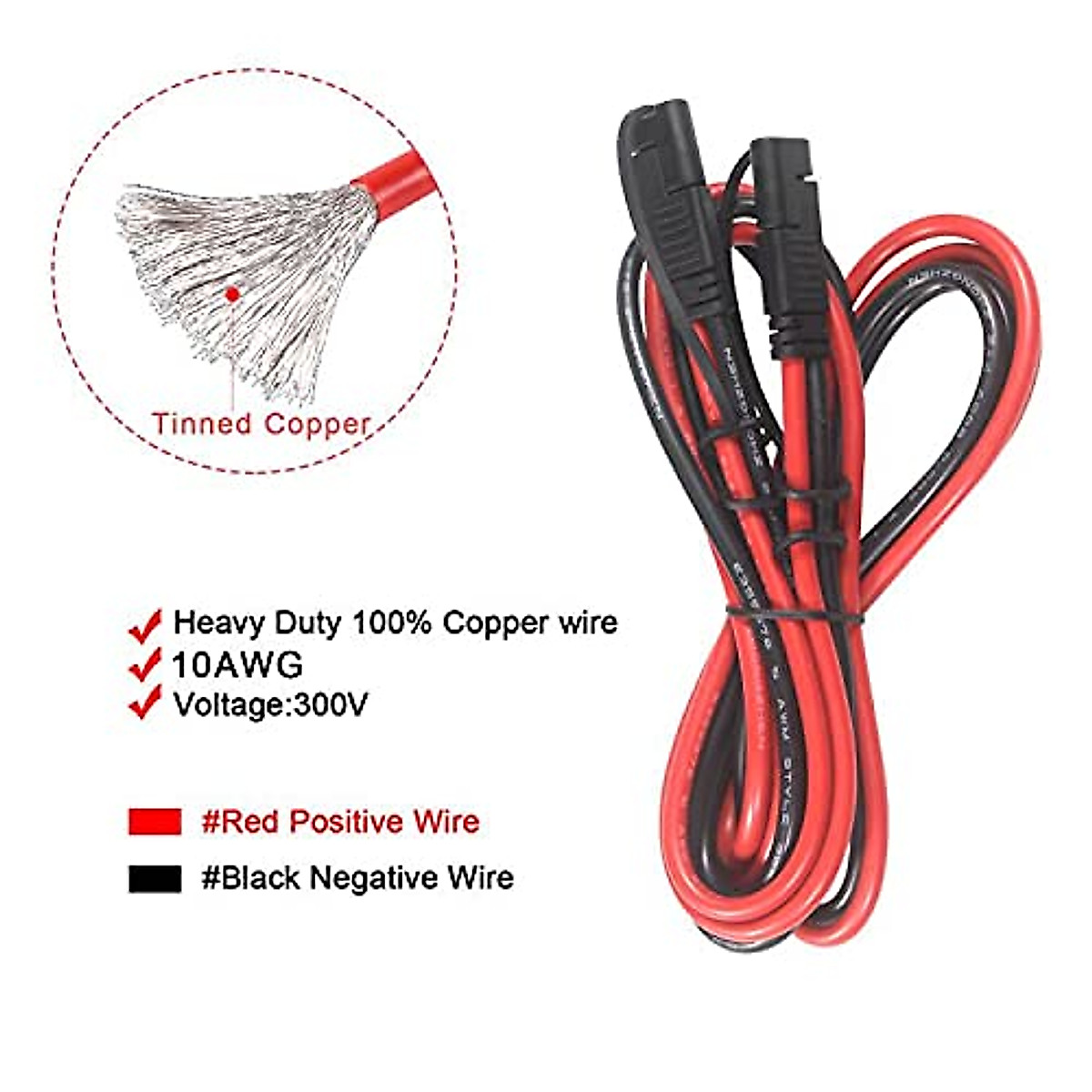 10Gauge Sae Extension Cable 10AWG - 10FT Sae to Sae Cable Battery Charger Extension Cord Heavy Duty 10AWG Quick Disconnect Sae 2Pin Connector Solar Panel Power Connect Plug Harness with Waterproof Cap