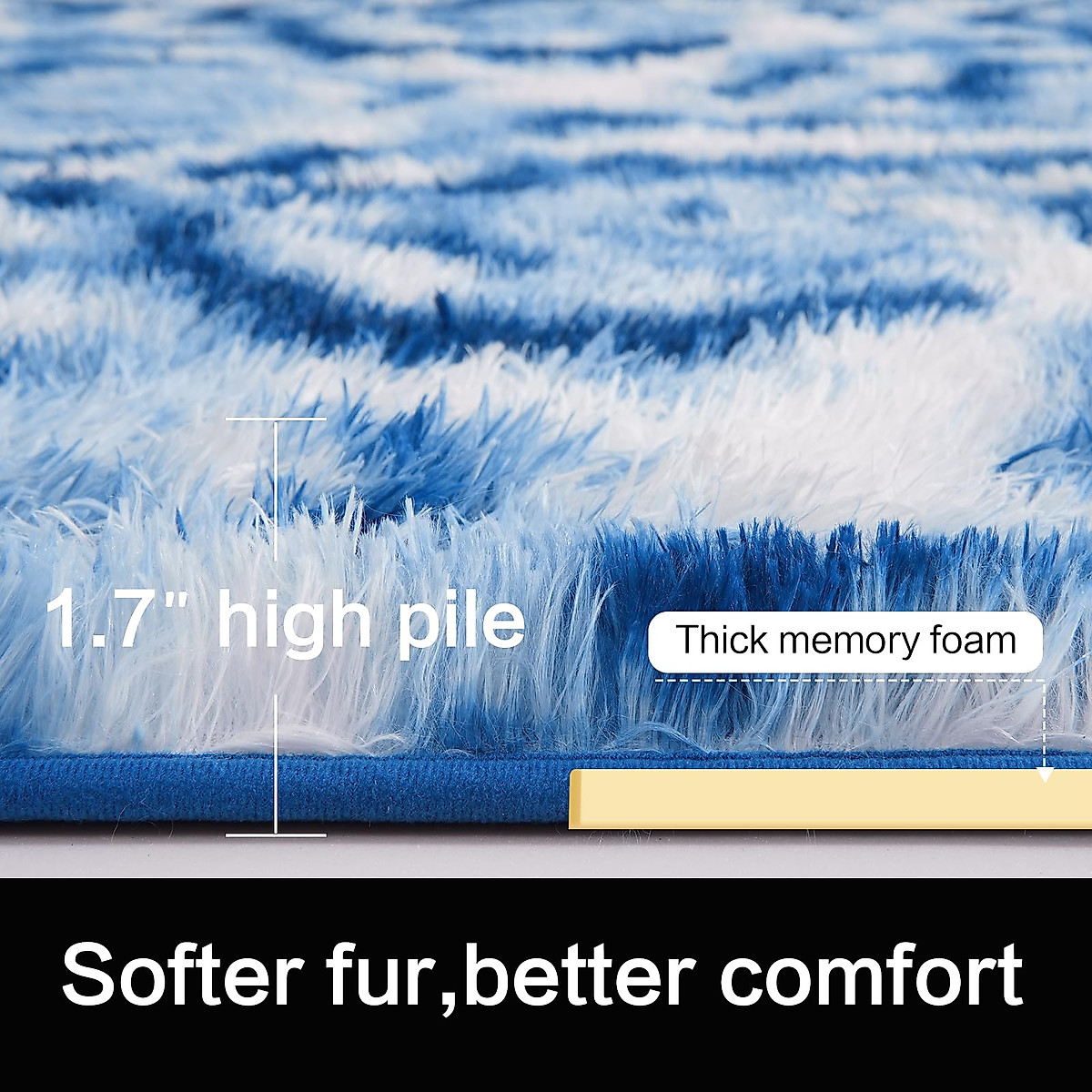 Blue White Rug for Living Room Fluffy 4x6 ft Bedroom Rug Non-Slip Fuzzy Area Rugs Shag Carpet for Nursery Kids Play Room Dorm Office Indoor 1.7'' Thick Soft Modern Plush Carpets