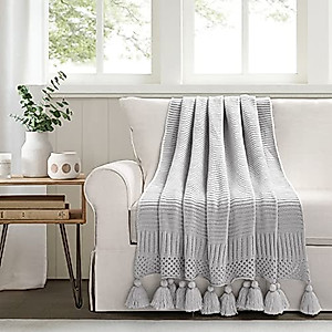 Lush Decor Boho Knitted Tassel Throw Blanket, 60" x 50", Light Gray