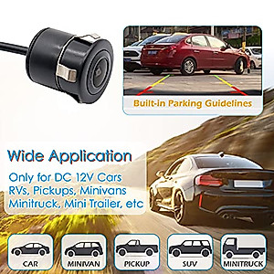 Backup Camera, 18.5mm Rear View Camera 170° View Angle, 12V CCD Reverse Camera with Parking Guidelines Mirror Image Night Vision Waterproof Parking Camera for 12V Car Mini-Truck RV SUV Minivan Camper