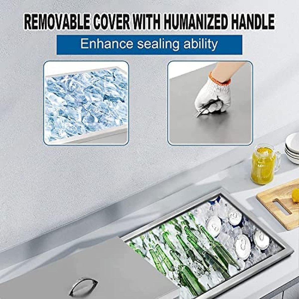 Drop-in Ice Chest Built in Ice Bin with Removable Cover SUS 304 Stainless Steel Ice Cooler Including Drain-Pipe & Drain Plug for Cold Wine Beer Beverage (23''L x 17''W x 13''H)