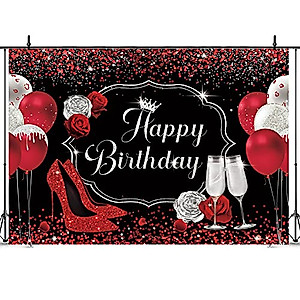 Riyidecor No Glitter Red High Heels Happy Birthday Backdrop 7X5 Feet Women Black Silver Fluid Champagne Balloon Sequin Glass Red Rose Bling Photography Background Banner Prop Party Photo Shoot Fabric