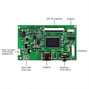 VSDISPLAY 7" 7 inch 1024x600 HD 400nit 50 pins IPS LCD Screen and HD-MI Controller Board,with Micro USB Power Cable
