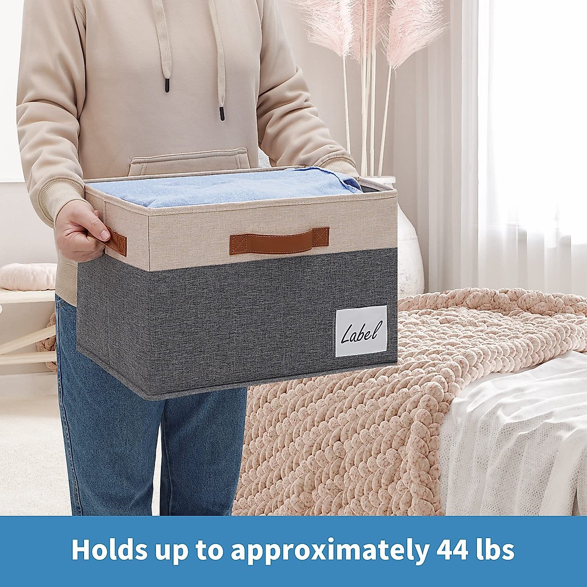 GhvyenntteS Large Storage Bins with Lids (3-Pack) Large Closet Storage Bin with Lid and 3 PU Handles, Foldable Storage Baskets for Shelves with Label Window for Home (Beige, 15" x 11" x 9.7")