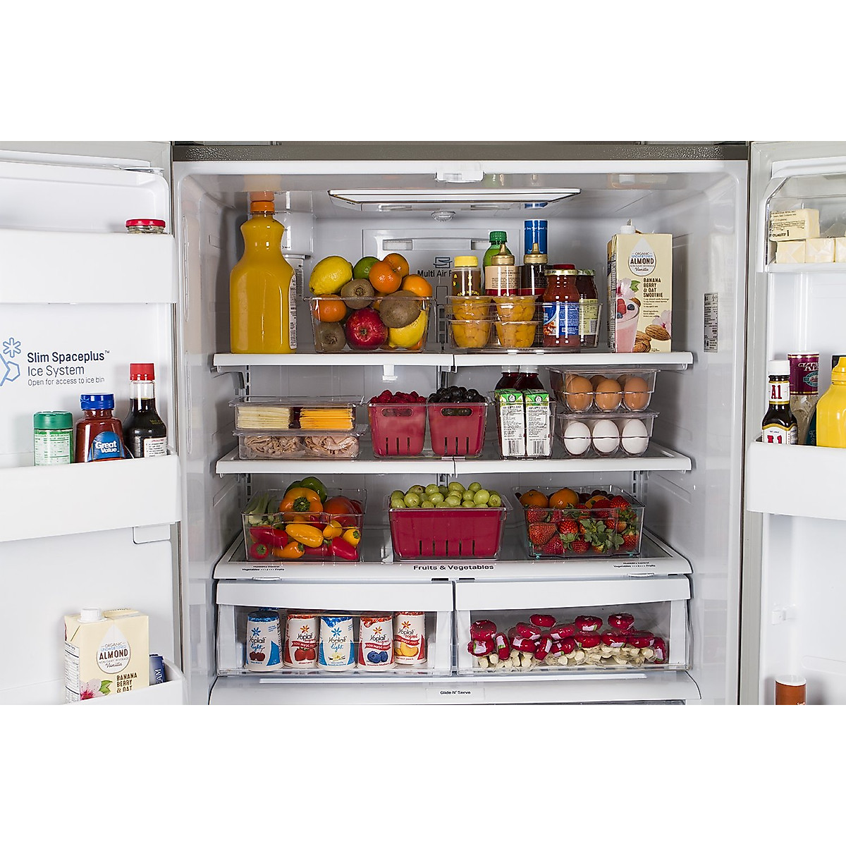 Kitchen Spaces KSDCB12-AMZ Twin Colander Stackable Food Storage Organizer for Fridge, Freezer, and Pantry, 8.8" x 6.8" x 3.9", Red & Clear