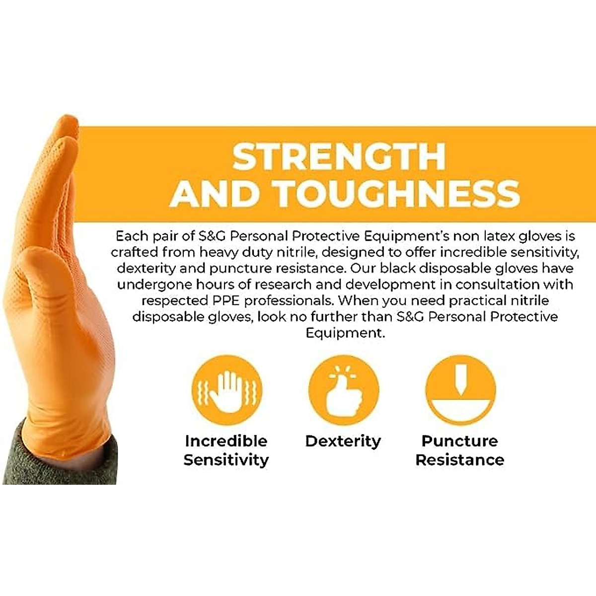 S&G Orange Nitrile Gloves | 100 Pcs | XL | Disposable Latex-Free 8Mil Thick Heavy Duty Powder-Free for Mechanics, Industrial