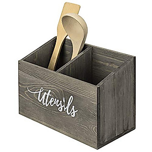 MyGift 2-Slot Rustic Gray Wood Kitchen Utensil Holder for Countertop, Cooking Tools Organizer Caddy with Cursive Utensils Word Design