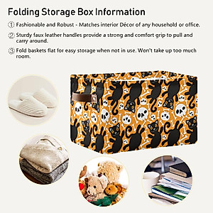 Halloween Black Cat Skulls Storage Basket Bins Decorative Toy Laundry Basket Organization with Handles for Living Room Clothes Nursery Closet Shelf Playroom,1 pcs
