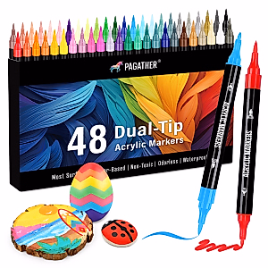 Pagather 48 Colors Acrylic Paint Markers, Dual Tip with Fine Tip and Brush Tip Pens for Stone, Wood, Calligraphy, Canvas, Ceramic, Metal, Glass, Rock Painting, DIY Crafts