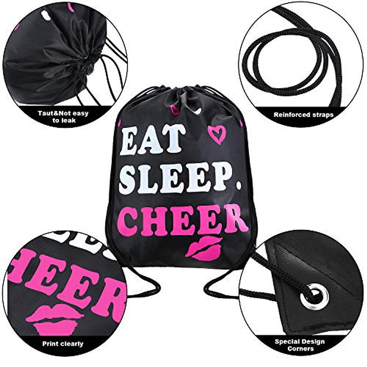 5 Pieces Cheerleading Drawstring Gym Bag Cheer Bags for Cheerleaders Cheer Black Drawstring Bag Eat Sleep Cheer Drawstring Bag for Youth Sports Cheerleader Gift, 13.4 x 16.9 Inch