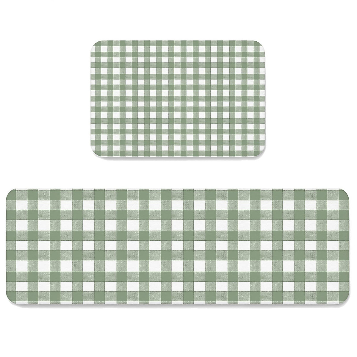 Sage Green Buffalo Plaid Kitchen Rug Set 2 Pieces Non-Slip Entryway Doormat, Farmhouse Green White Checkered Cushioned Runner Rug Standing Floor Rugs Door Mats, (20" x 32"+20" x 63")