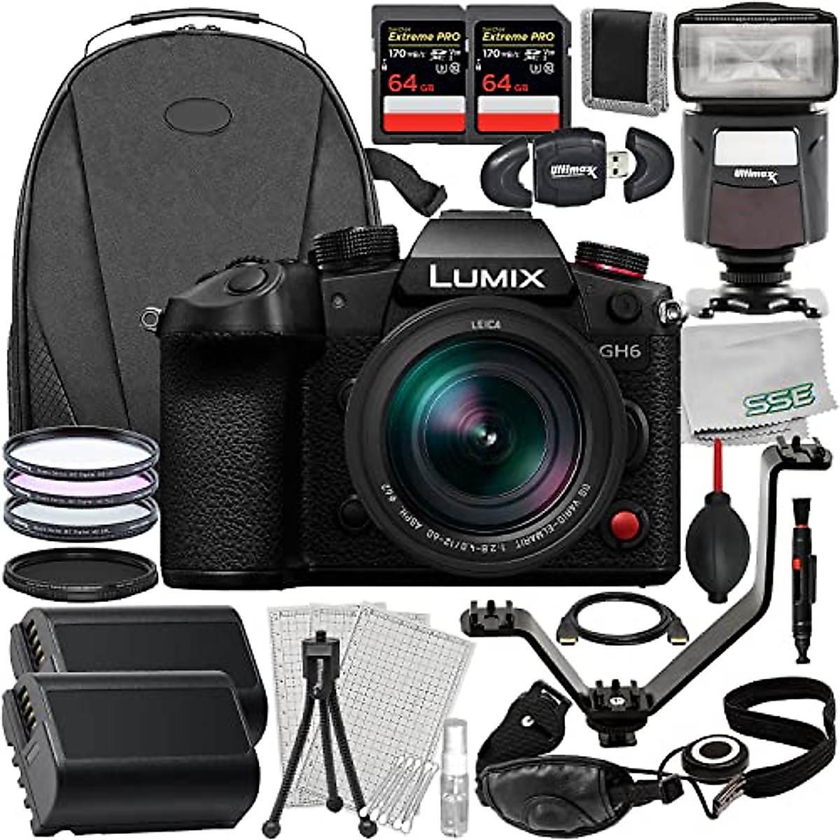 Ultimaxx Essential Bundle + Panasonic Lumix GH6 Mirrorless Camera + 12-60mm f/2.8-4 Lens + 2x SanDisk 64GB Extreme Pro SDXC, Variable Neutral Density Filter, 2x Spare Batteries &Much More(35pc Bundle)
