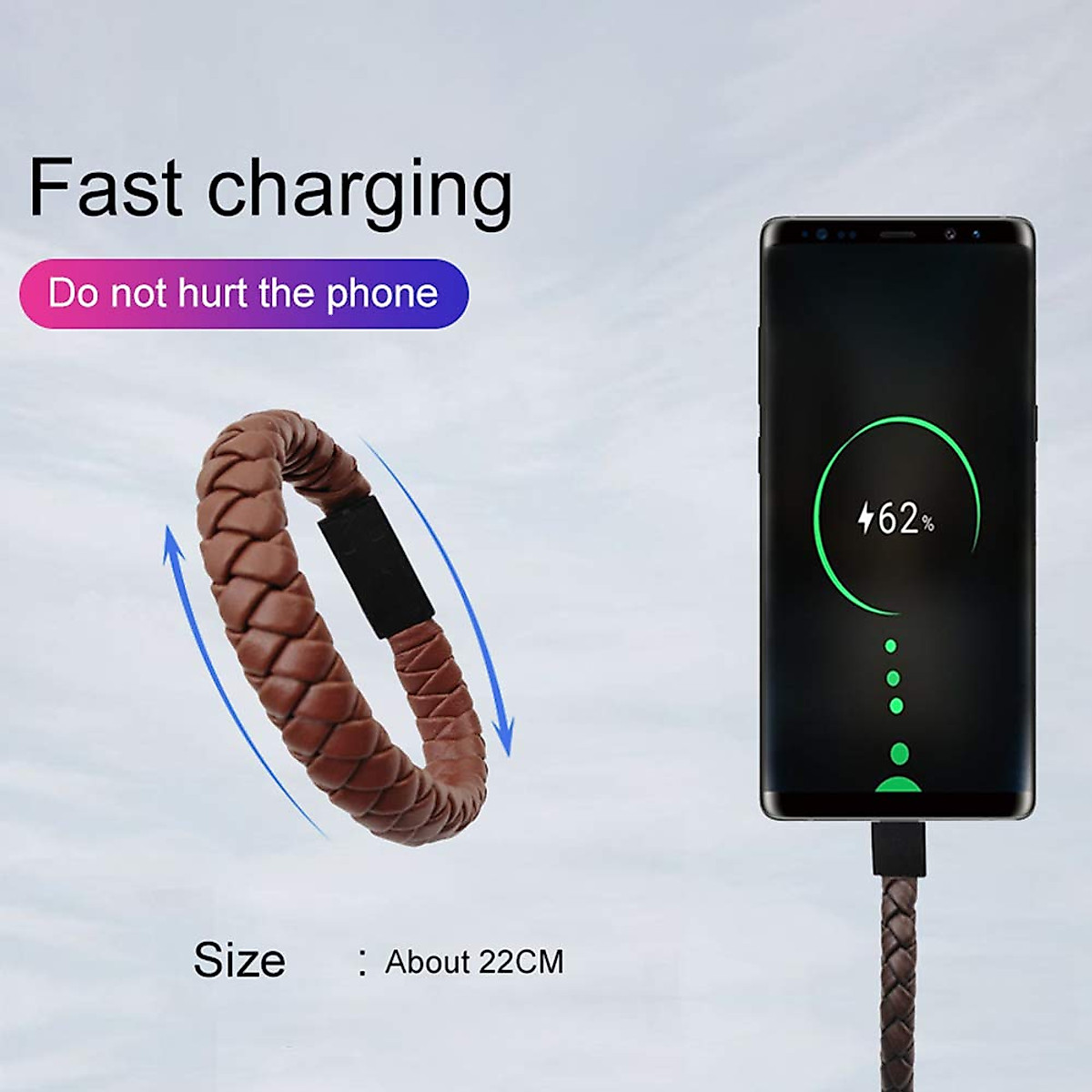 ZTGD Charging Bracelet, Portable Faux Leather Woven Mini Type-C Micro USB Charging Bracelet Data Cable Black Black Type C