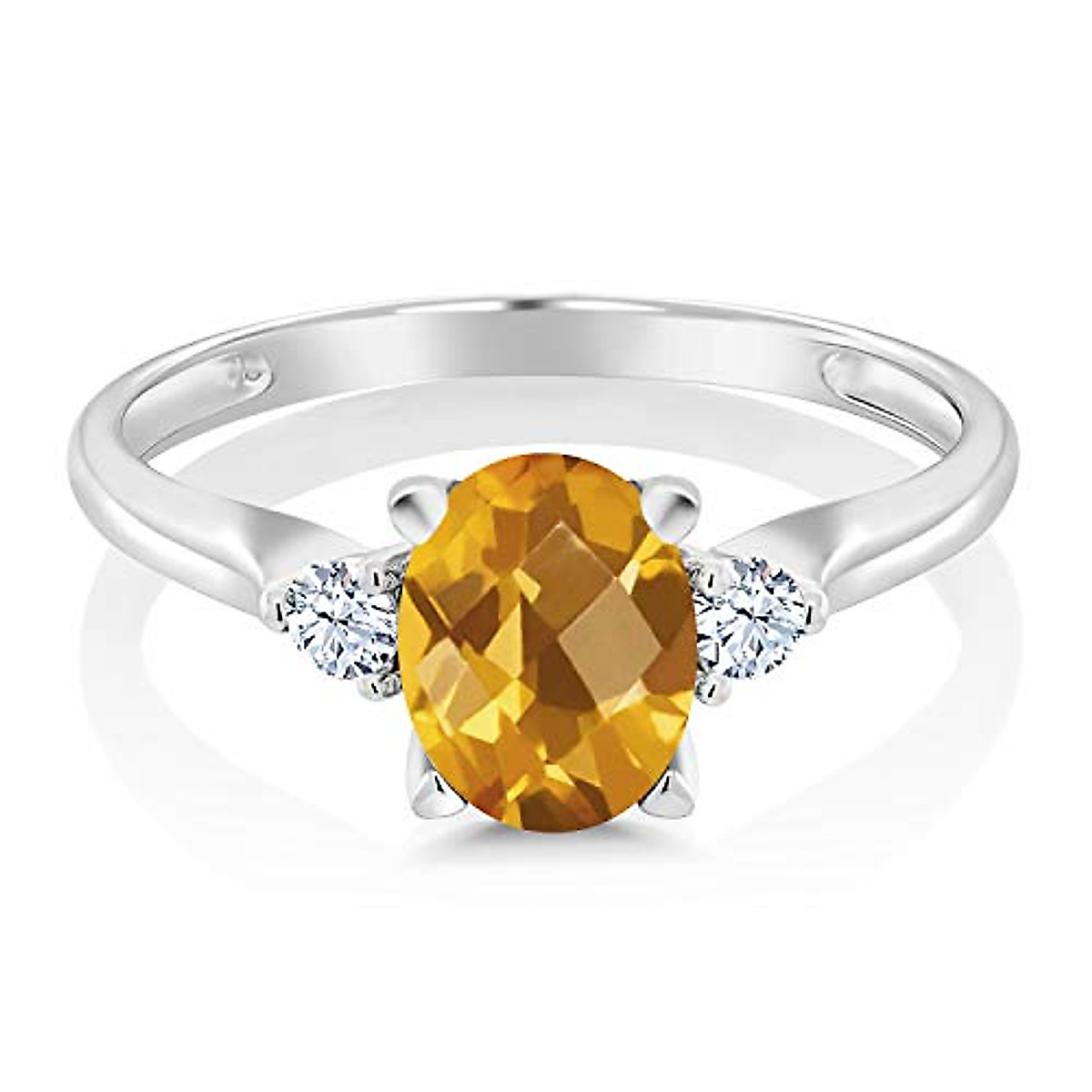 Gem Stone King 10K White Gold Citrine and White Created Sapphire 3-Stone Women's Ring (1.35 Cttw, Checkerboard Cut, Gemstone Birthstone, Available In Size 5, 6, 7, 8, 9)