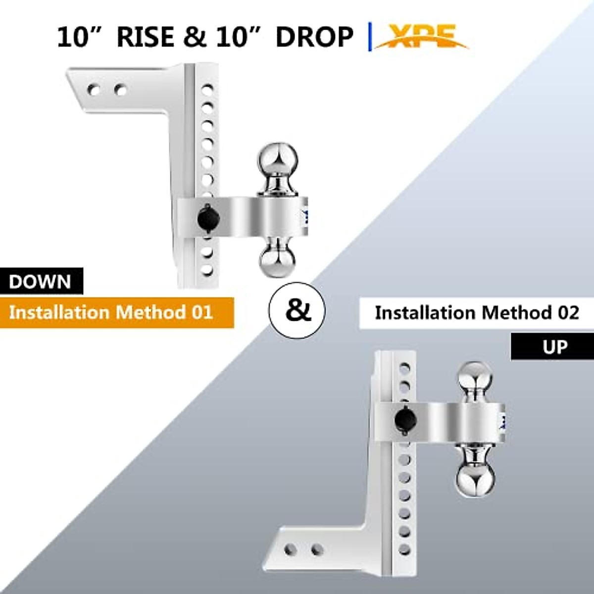 XPE Aluminum Adjustable Trailer Hitch Fits 2-inch Receiver, 10-inch Drop, Solid Tube Hitch -12,500 LBS, 2 and 2-5/16 inch Balls
