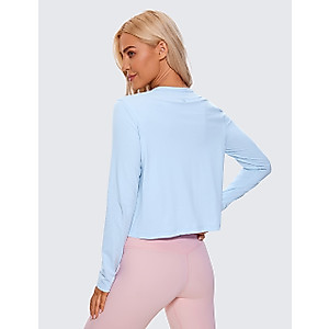 CRZ YOGA Pima Cotton Long Sleeve Workout Shirts for Women Loose Cropped Tops Athletic Sports T-Shirt Blue Linen Medium