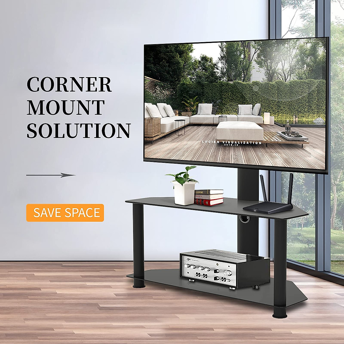 Universal Floor TV Stand with Height Adjustable and Media Shelf for 32-70 inch Flat Screen TV, Swivel TV Mounts Stand with Solid Wood Base for Living Room (Walnut)