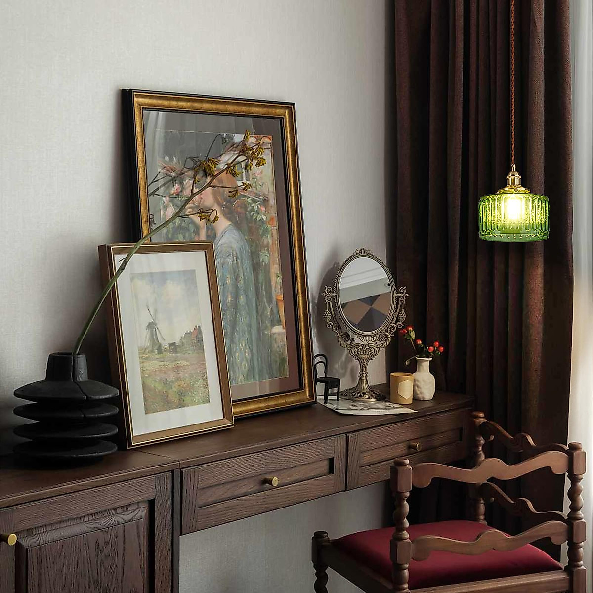 Qufute Green Hanging Light Vintage Modern Pendant Light Fixture with Stripe Green Glass Shade Glass Pendant Lighting Gold Pendant Lamp for Kitchen Island Bedroom Farmhouse