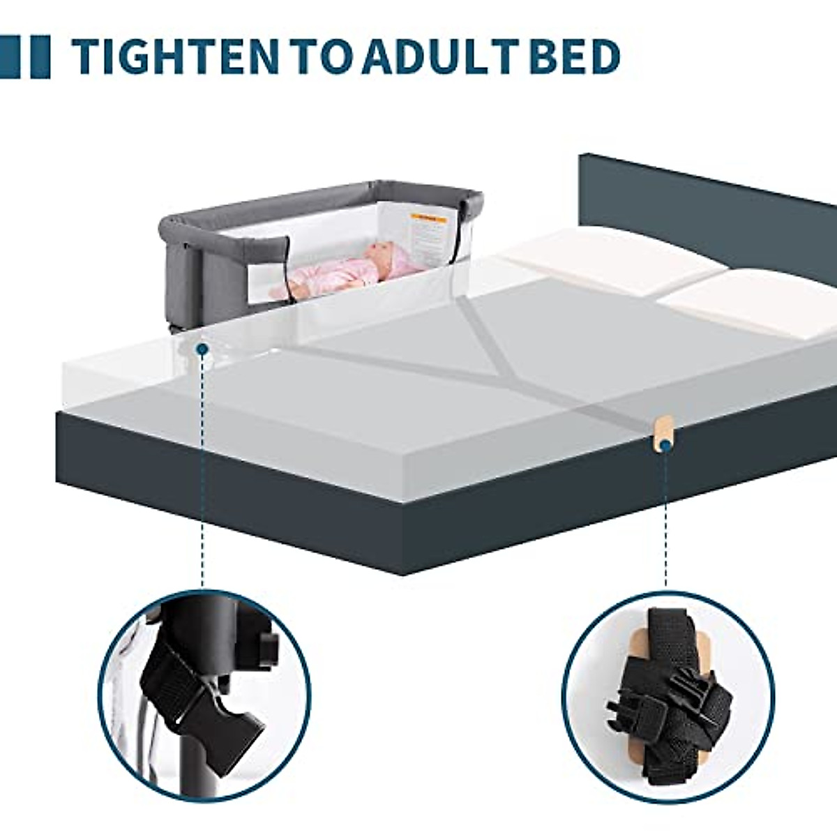 Ihoming Bassinet Bedside Sleeper for Baby, 3 in 1 Convertible Design, lnfant Bed & Bed Side Sleeper & Cradle Bassinets, Newborn Bedside Crib Attaches to Bed, Deep Grey