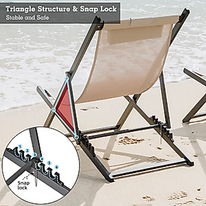RICNOD Outdoor Sling Chairs Set of 2 Portable Folding Aluminum Reclining Lounge Chairs Adjustable Patio Deck Chairs with Headrest, 2 Folding Stools, Beige
