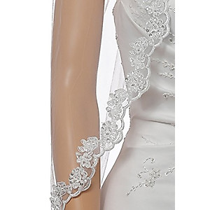 SAMKY 1T 1 Tier Floral Scallop Embroided Lace Pearl Veil - White Fingertip Length 36" V470