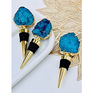 LUXE CRYSTAL CO. Handcrafted Teal Green Natural Crystal Geode Agate Druzy Gold Electroplated Crystal Wine Champagne Stopper Handmade Bottle Barware Housewarming Bridal Shower Gift