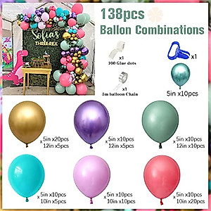 YSF 138pcs Tropical Balloons Arch Garland Kit,5“10“12 Inch Pink Purple Green Gold Blue Latex Balloon Garland Set Decorations for Hawaiian Luau Summer Theme Jungle Party,Baby Shower Wedding Birthday Party Background Decorations