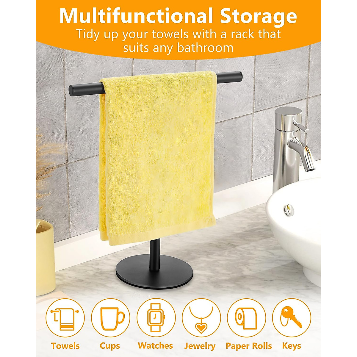 Hand Towel Holder for Bathroom, T-Shape Free Standing Towel Bar Rack Stand, Matte Black Hand Towel Rack for Bathroom Kitchen Vanity Countertop