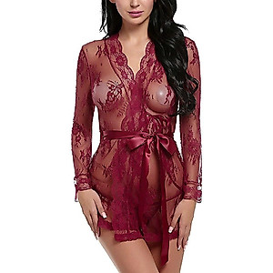 Qopobobo Sexy Lengerie for Women Naughty Women's Lace Kimono Robe Long Sleeve Lingerie Nightgown Mesh Dress with Belt