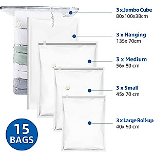 CLEVHOM Vacuum Storage Bags Combo 15 Pack, Vacuum Sealer Bags for Clothes and Beddings, 3 Hanging /3 Cube /3 Medium / 3 Small /3 Roll, Closet Organizers and Storage