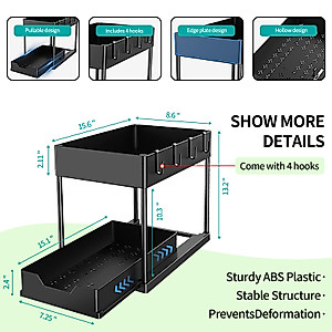 Kitchen Multi-Purpose Sink Organiser, Under Drawer Organiser, Under Sink Storage, 2 Tier Under Cabinet Organiser with Hooks and Cups, Cupboards, Bathrooms and Kitchens, Black