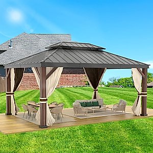 OLILAWN Gazebo 12x16, Hardtop Gazebo with Wood Finish Aluminum Frame, Galvanized Steel Double Top Gazebo with Ventilation, All-Weather Metal Gazebo with Netting and Curtains, for Patios Gardens Lawns