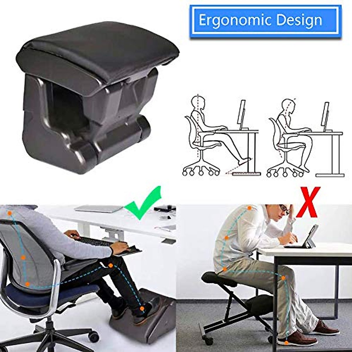 VUE Adjustable Footrest, Upgrade Ergonomic Footrest Max-Load 180LBS with 3 Functional Modes & Massage Office Foot Rest Under Desk for Home, Office, Car, Train