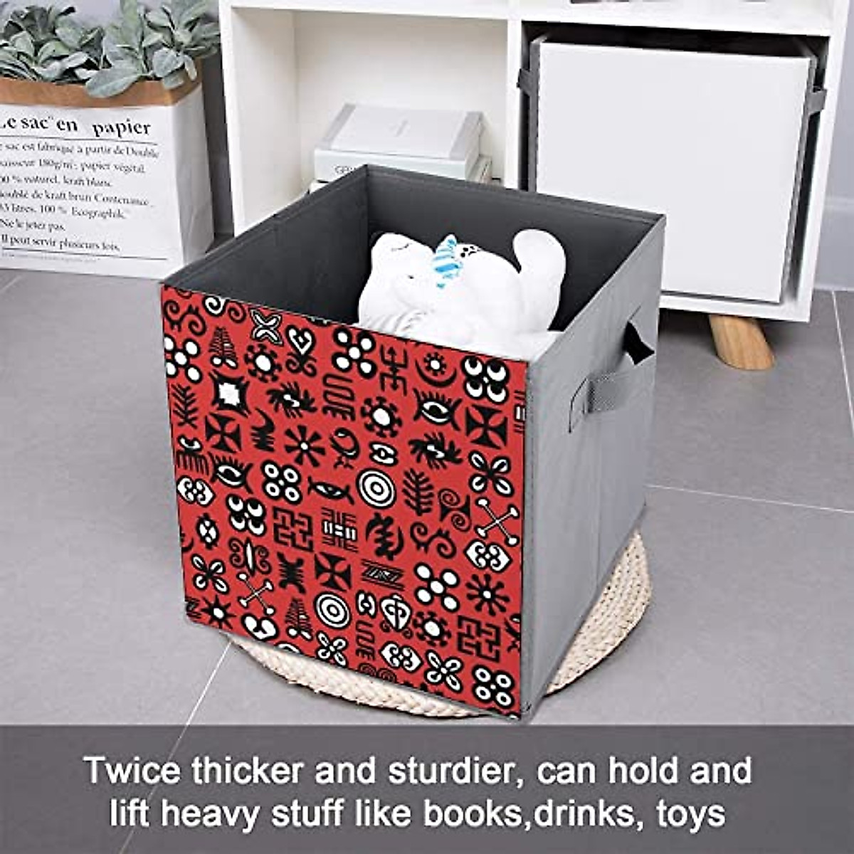 African Adinkra Pattern Storage Bin Foldable Cube Closet Organizer Square Baskets Box with Dual Handles