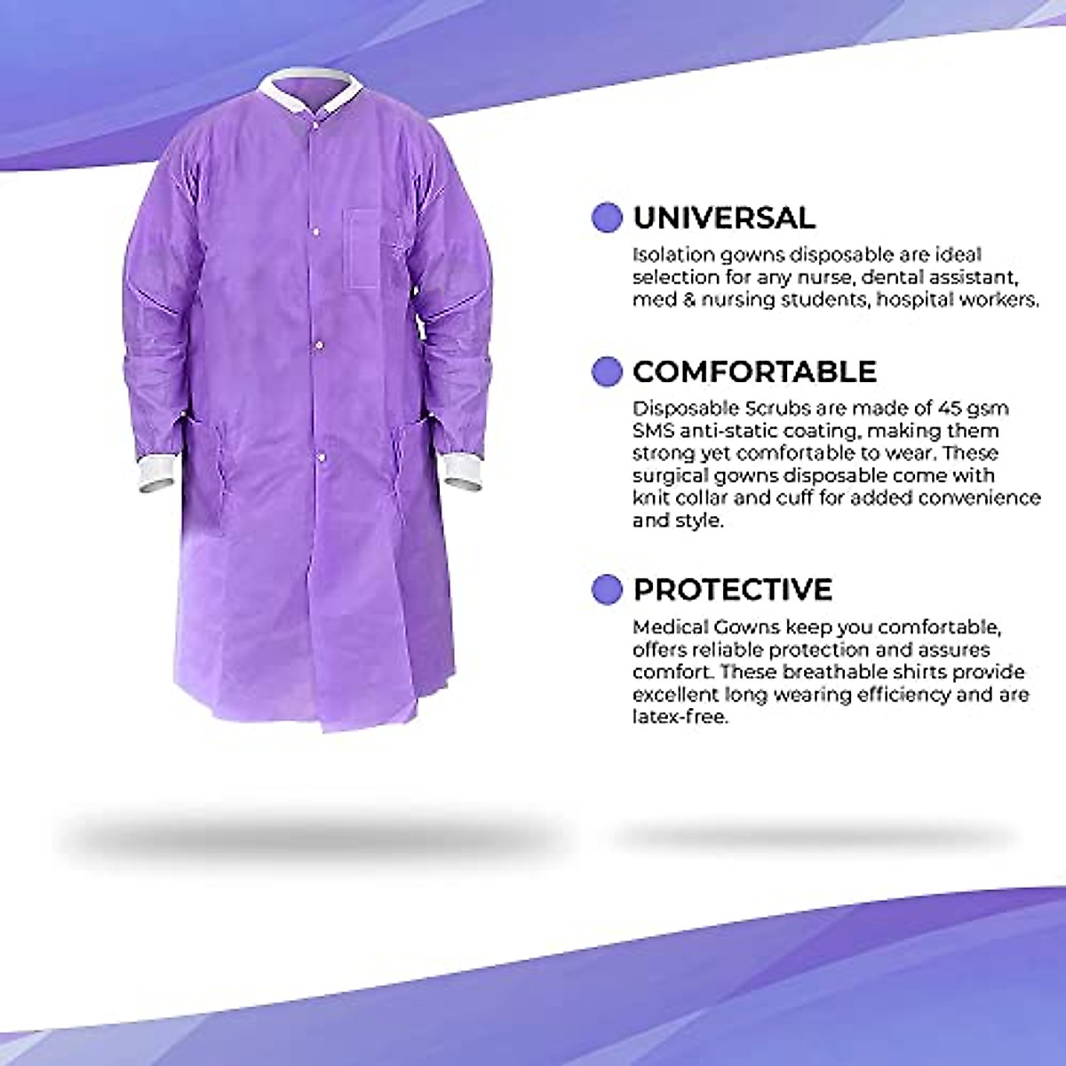 AMZ Medical Supply Disposable Lab Coat Small, Pack of 10 Purple Disposable Lab Coats for Adults, 45 gsm SMS Painting Lab Coat Disposable with 3 Pockets, Snaps, Cuffs, Unisex Lab Coats Disposable