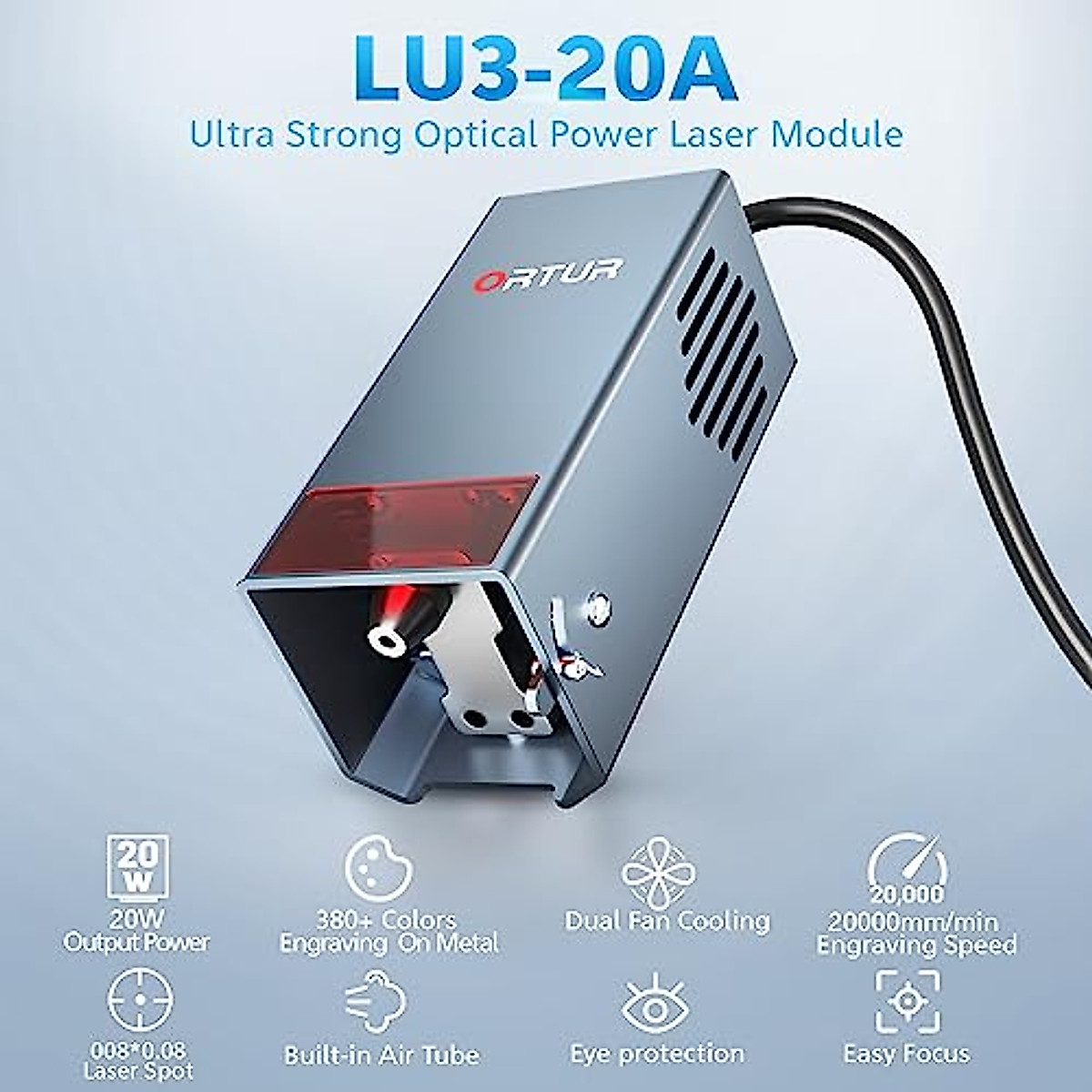 ORTUR 20W Laser Module LU3-20A, Higher Accuracy 0.08*0.08mm Compressed Spot Laser Head for All ORTUR Laser Masters, Dual Fan Cooling, 380+ Colors On Metal Steel Engraving (Must Used with Air Assist)