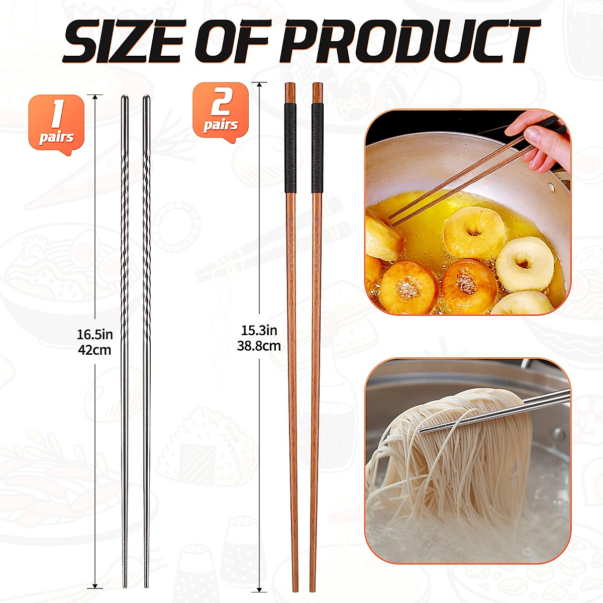3 Pairs Long Cooking Chopsticks 15.3 Inch Extra Long Stainless Steel Chopsticks and 16.5 Inch Extra Long Wooden Kitchen Frying Chopsticks for Hot Pot, Frying, Noodle, Cooking Favor