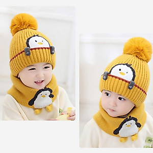 Toddler Winter Beanie Hat Scraf Set, Cute Cartoon Penguin Knitted Hats Soft Warm Infant Hat with Pompom for Baby Boys and Girls 1-3 Years (Yellow)