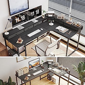 Treesland Large Desk, 24" Deep, Computer Desk with Monitor Stands, 67" L x 47" W Home Office Desks, Desk with Storage Shelves and 5 Drawers, Black