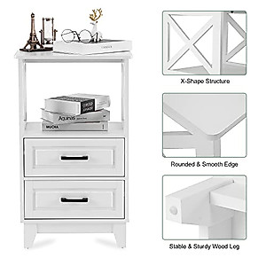 Nightstand with 2 Storage Drawers, Tall End Table with Wooden X-Design for Bedroom,Living Room White