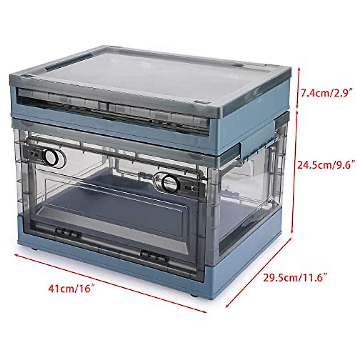 BTSKY 2 Pack Collapsible Storage Bins with Double Side Doors , 20 L Clear Plastic Folding Storage Boxes with Lid , Stackable Plastic Organization Cube Box with Wheels for Home & Office Organization, Cloth Toys Books Snacks Bottles(Blue)