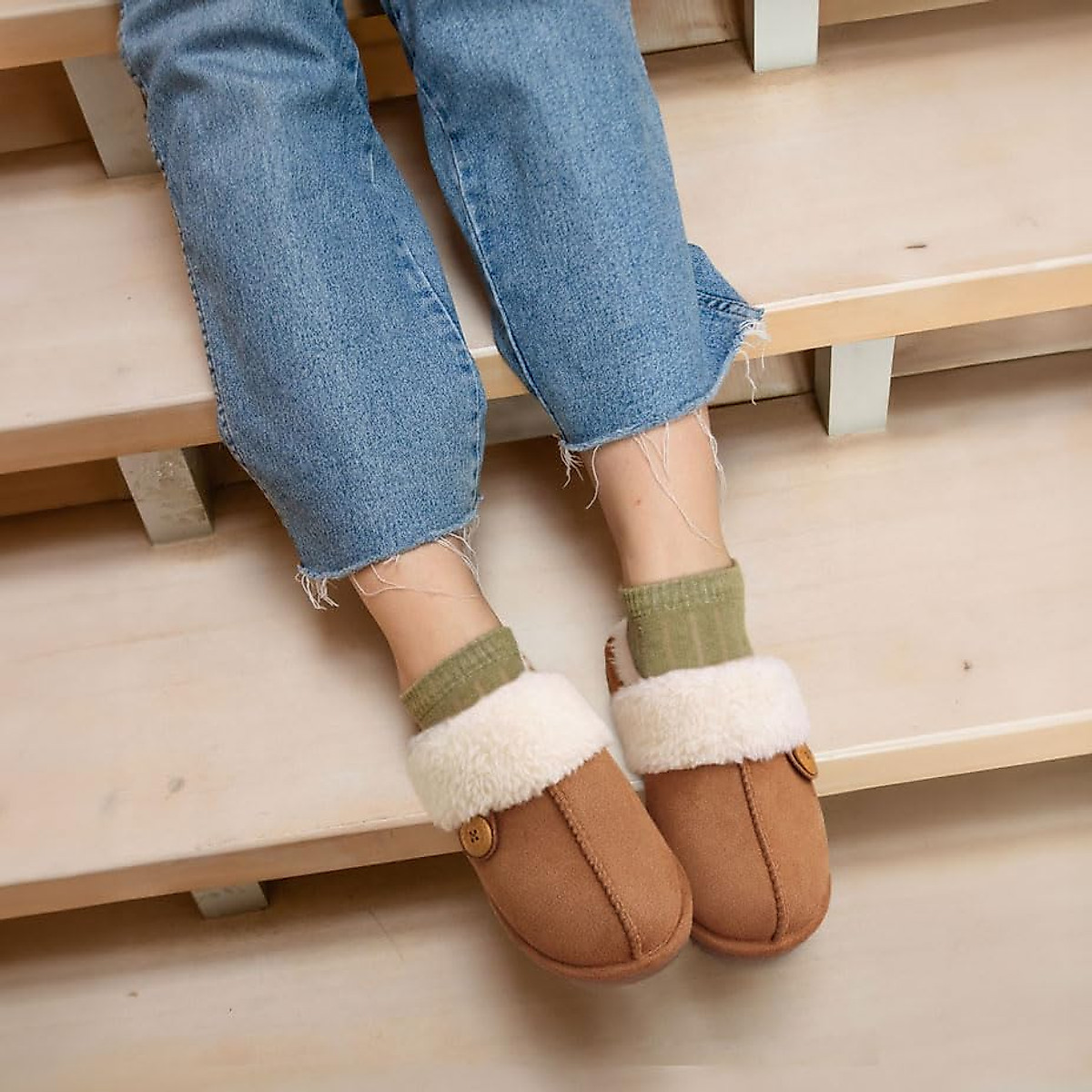 Litfun Fuzzy Slippers for Women with Memory Foam Winter Fluffy House Shoes Indoor Outdoor, Khiki Women Size 8-8.5